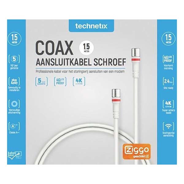 Coax kabel Ziggo - Technetix - 1.5 meter (F connector, Wit) ziggo ...